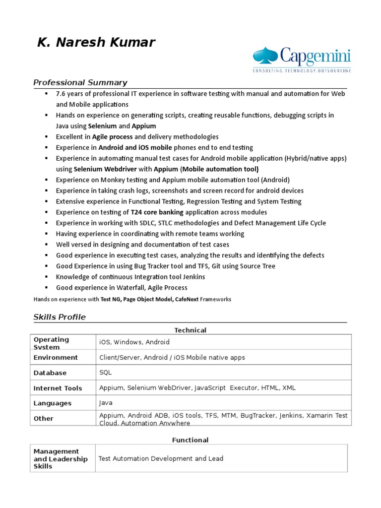 8 - Resume in Capgemini Formaat - Naresh | PDF | Software Testing ...