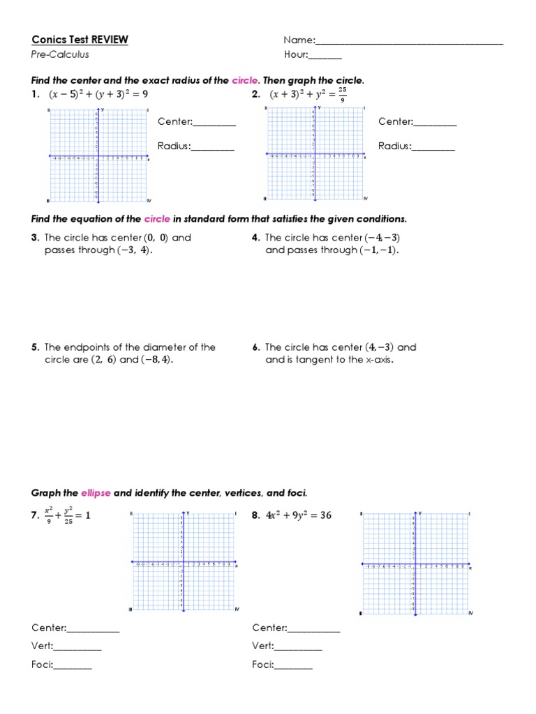 Conics Test Review For Pre Calculus Pdf René Descartes Analytic