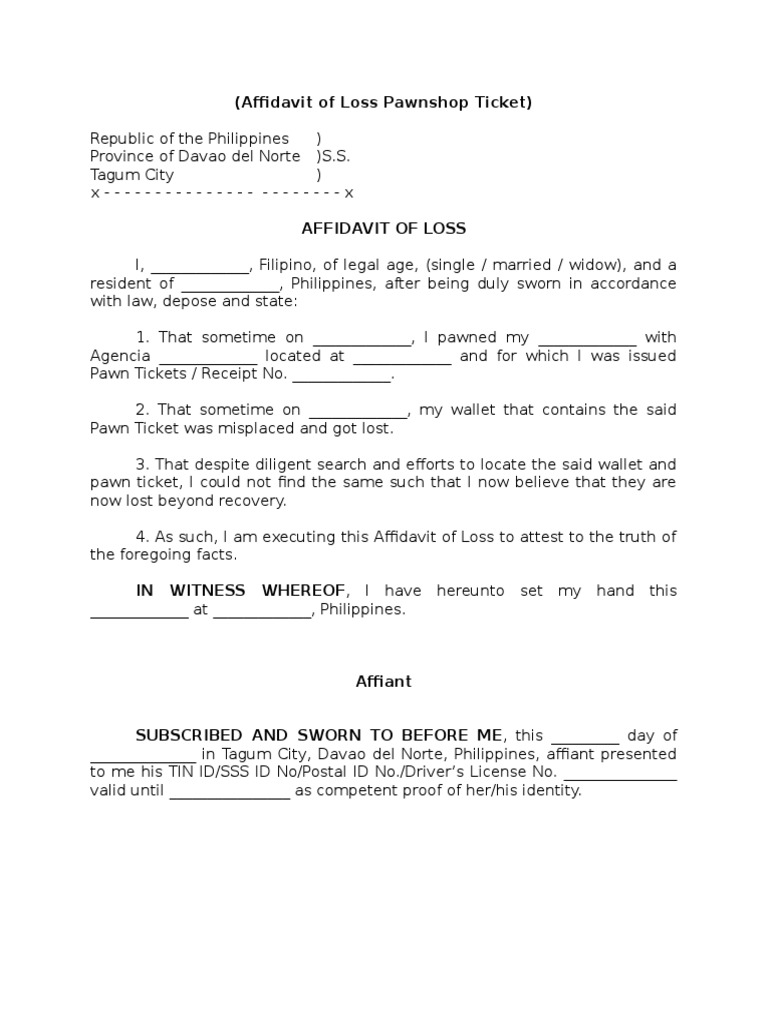 Affidavit of Loss Pawnshop Ticket | PDF