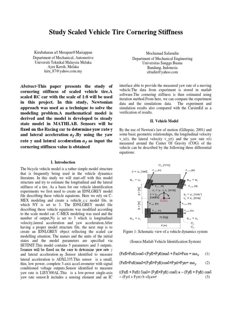 Scaled Vehicle Tire Cornering Stiffness Study | PDF | Flight Dynamics ...