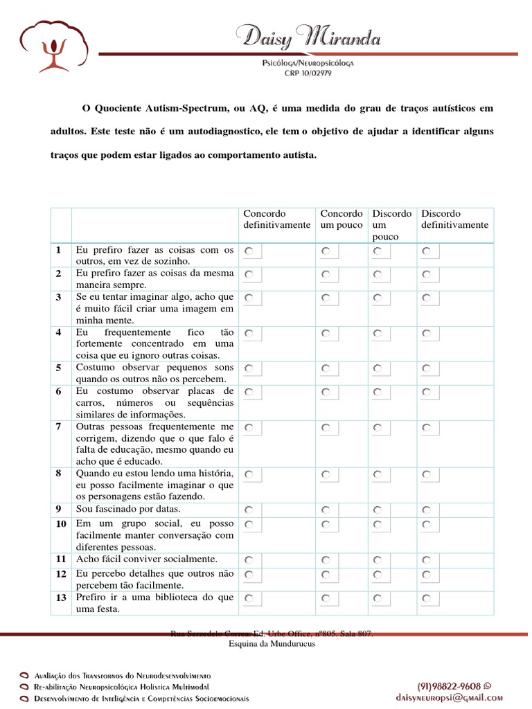 Avaliação do Quociente do Espectro Autista | PDF | Autismo | Psicologia