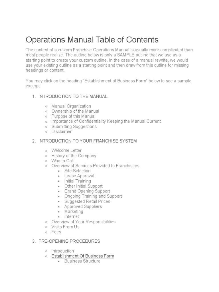 Operations Manual Table of Contents: 1. Introduction To The Manual ...