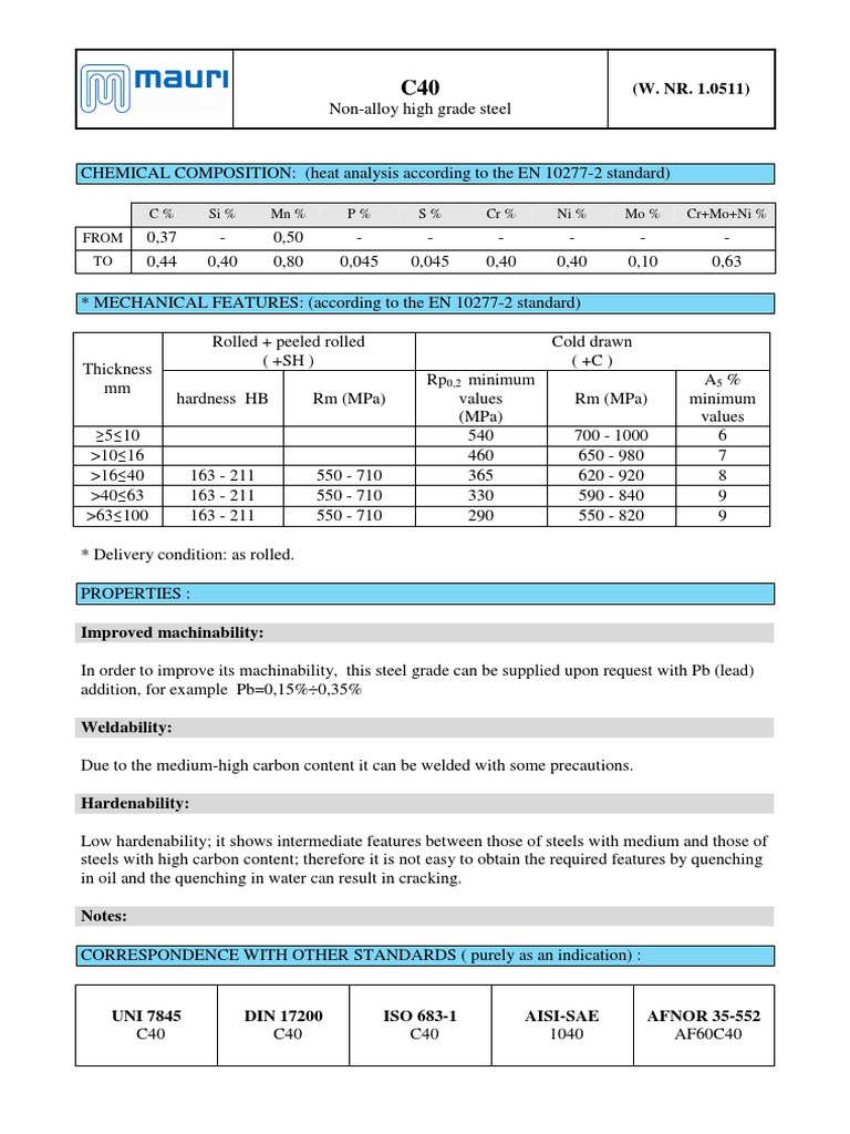 C40 Steel: Composition & Properties | PDF