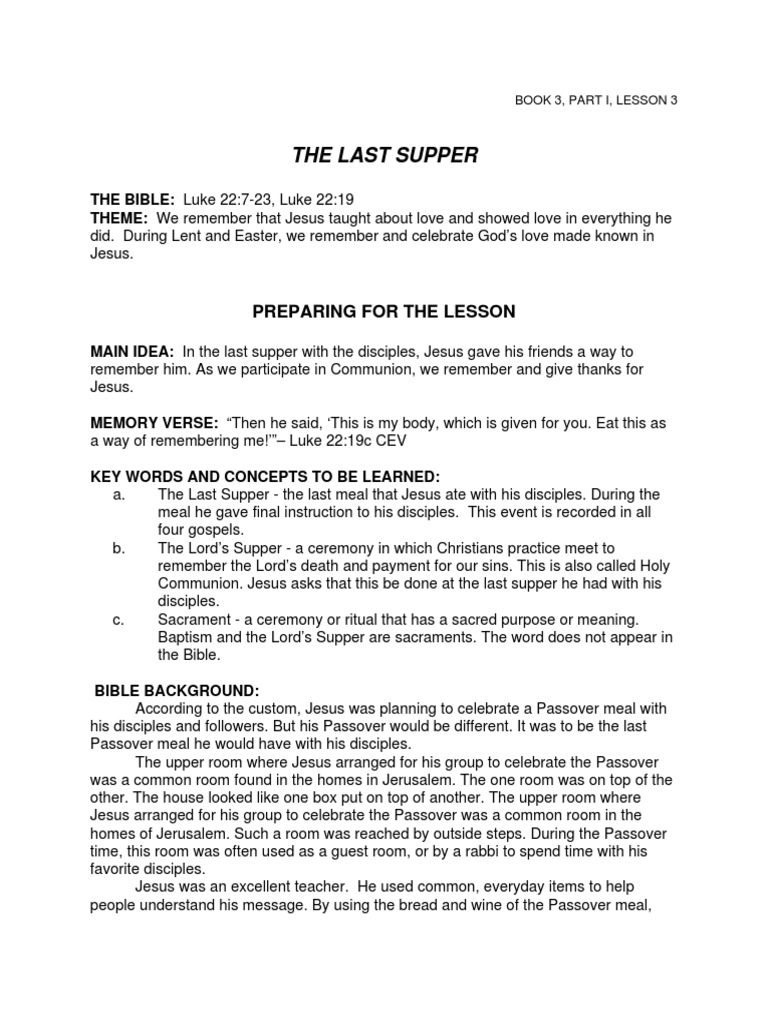 The Last Supper: Preparing For The Lesson | PDF | Last Supper | Eucharist