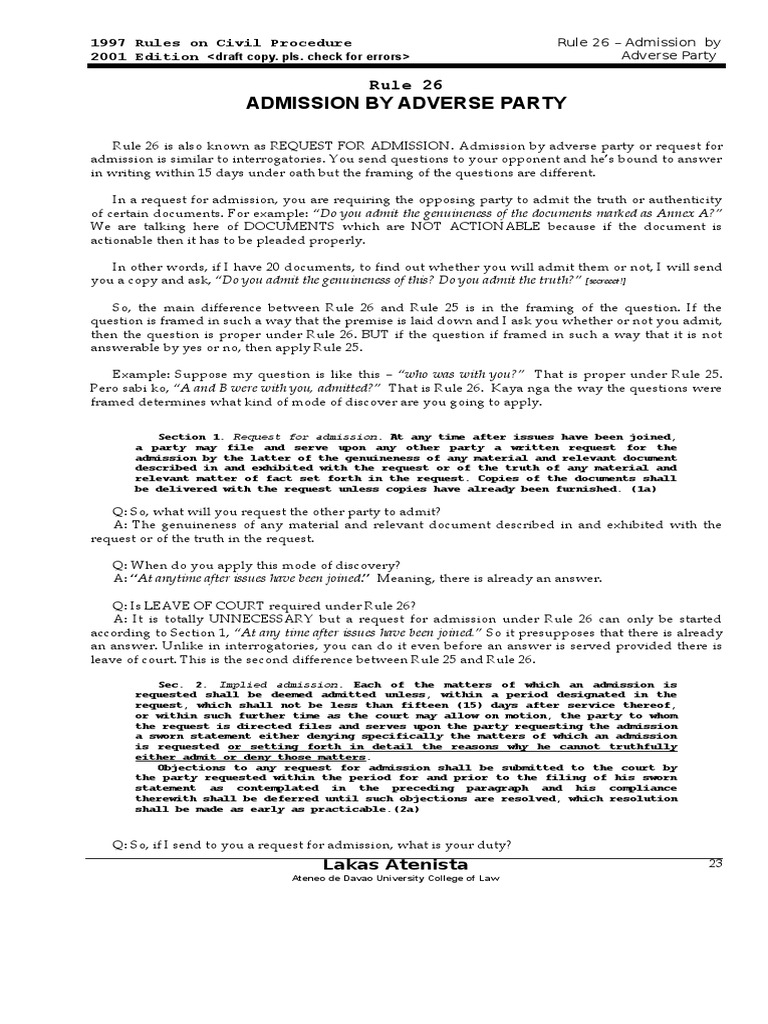 Understanding Rule 26: Admissions in Law | PDF | Discovery (Law) | Pleading