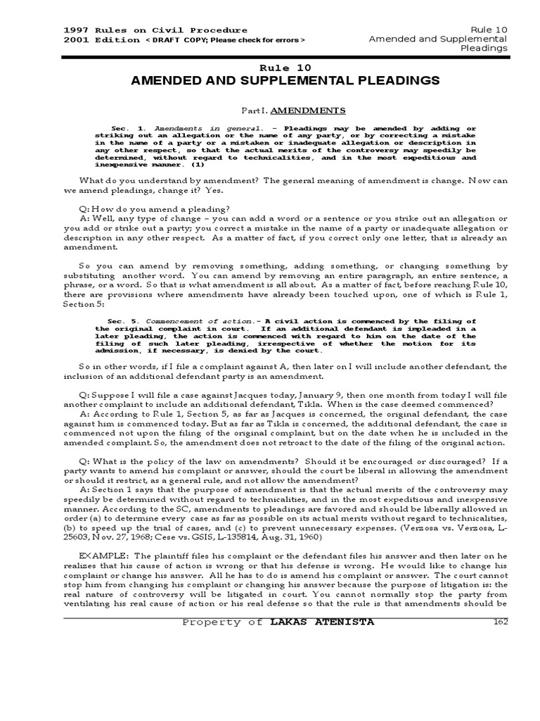 Amended and Supplemental Pleadings: Rule 10 | PDF | Pleading | Plea