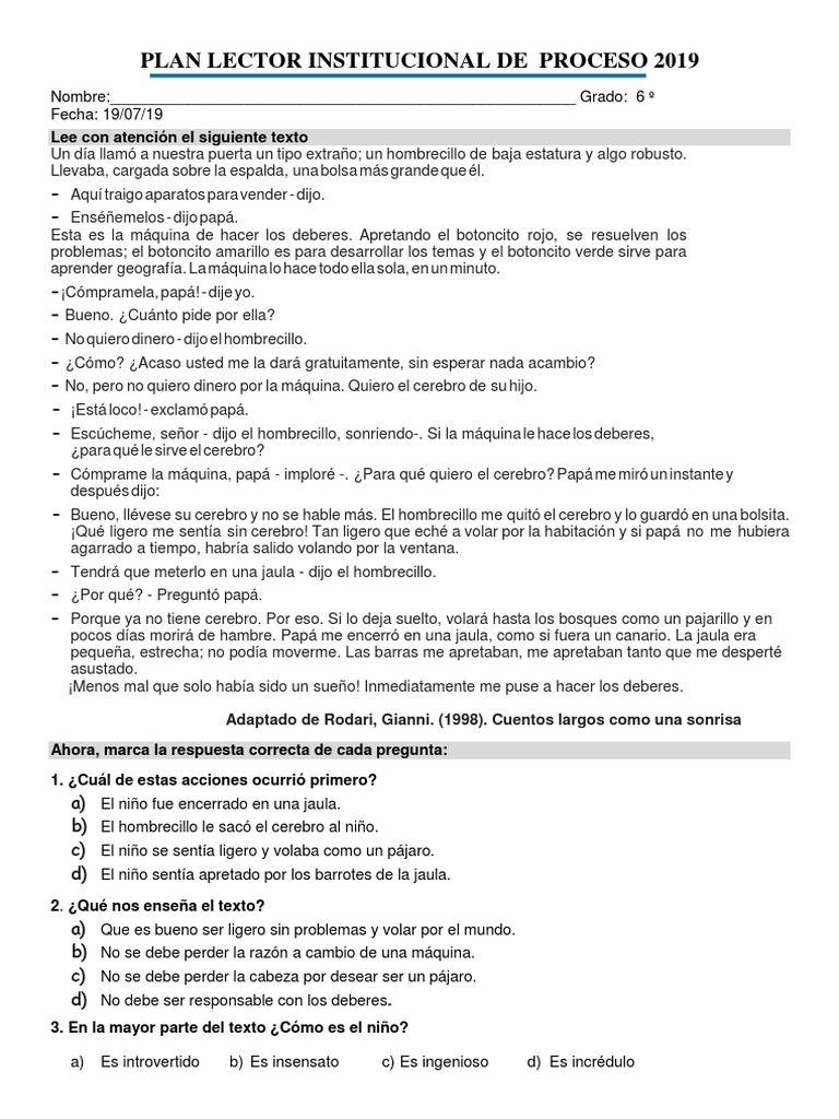 Prueba de Plan Lector - 6to 2019 | PDF | Luna | Tierra