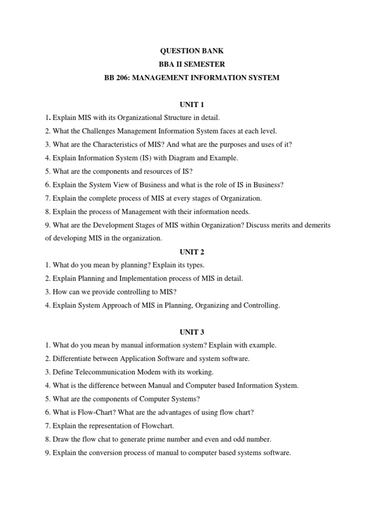 Question Bank Bba Ii Semester BB 206: Management Information System ...