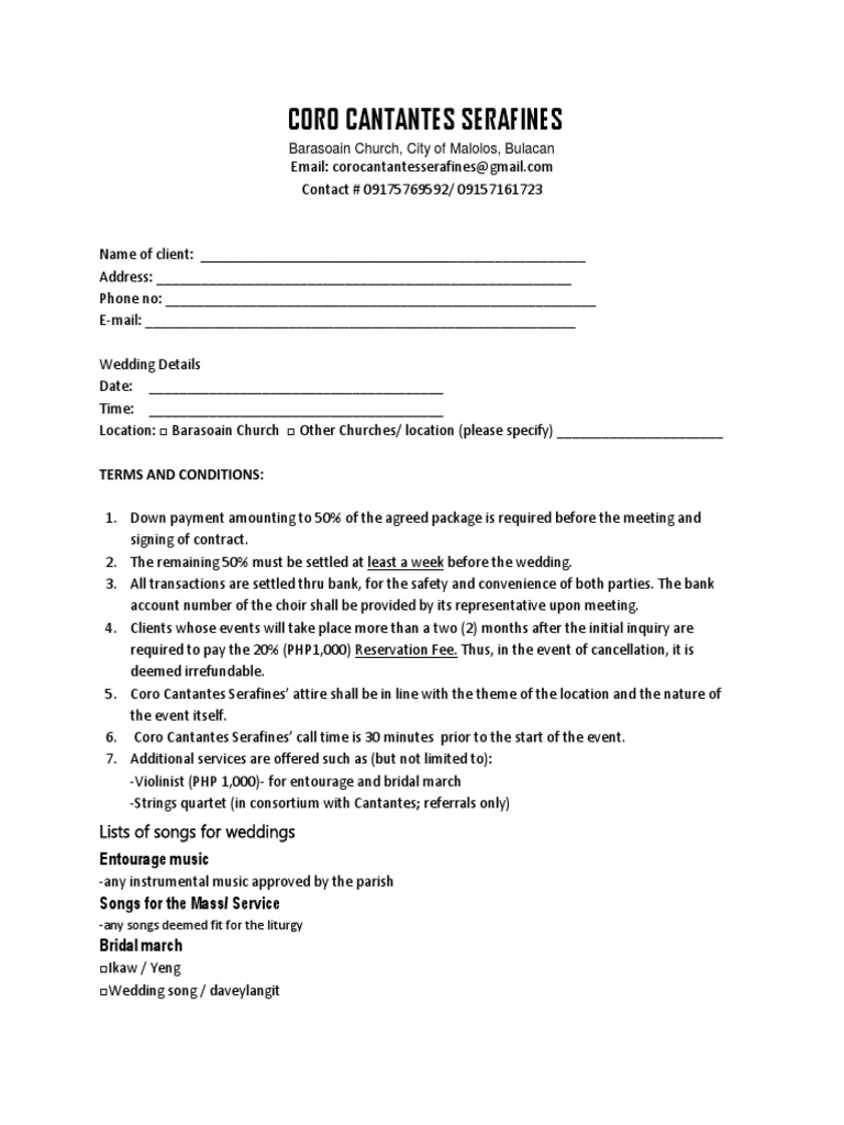Wedding Choir Package and Agreement for Coro Cantantes Serafines | PDF ...