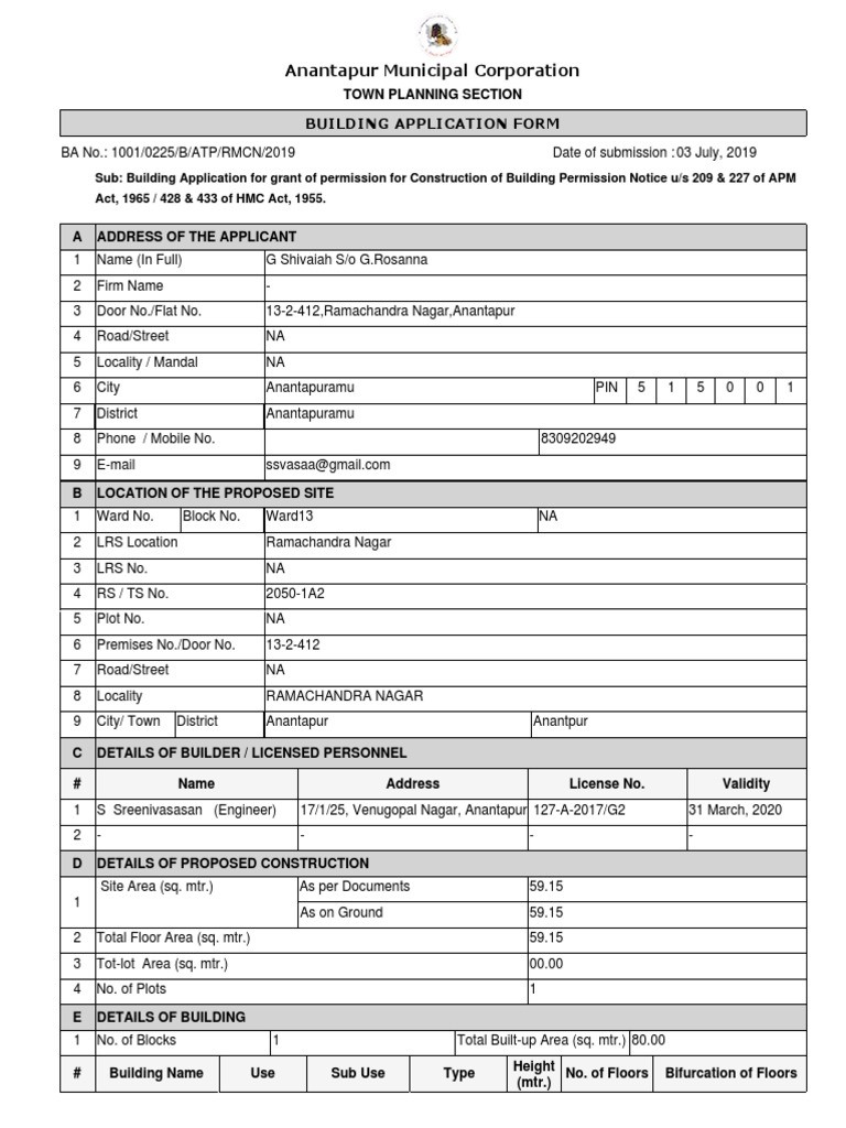 Anantapur Municipal Corporation: Building Application Form | PDF ...