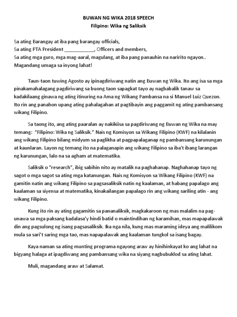 Buwan Ng Wika Opening Remarks Synonym