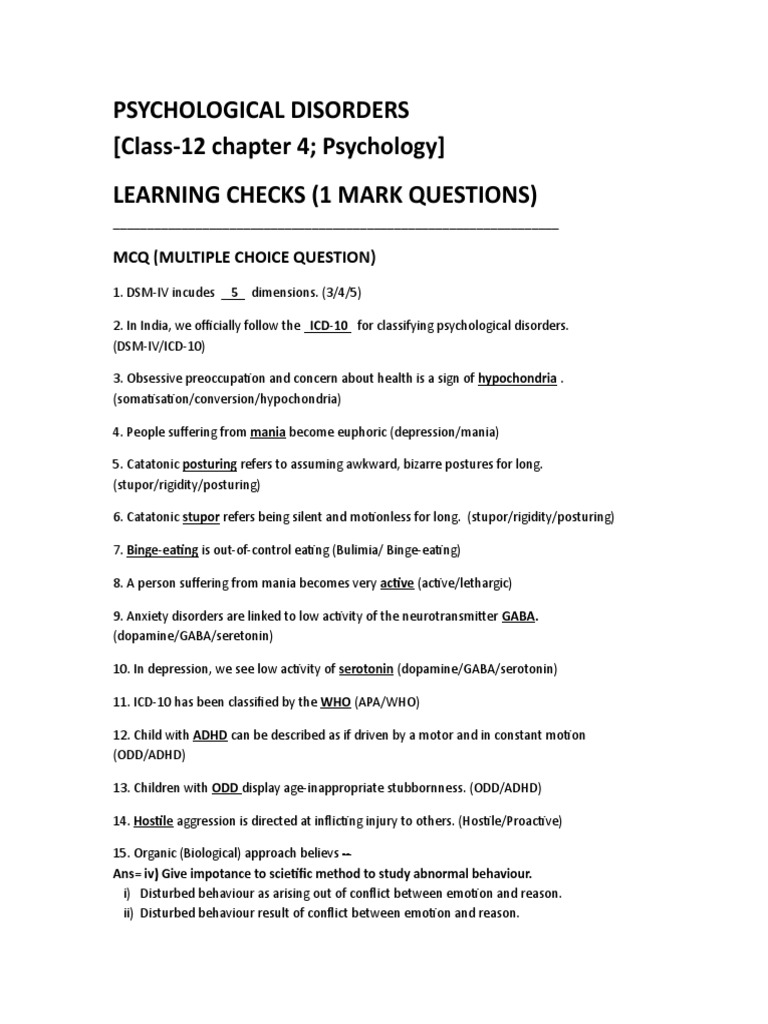 Class 12 Psychological Disorders MCQs | PDF | Mental Disorder ...