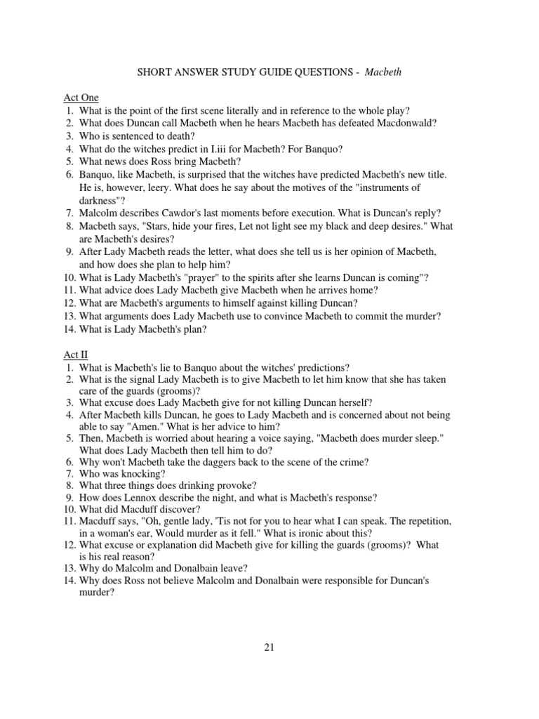 Study Guide Questions | PDF | Macbeth | Shakespearean Tragedies