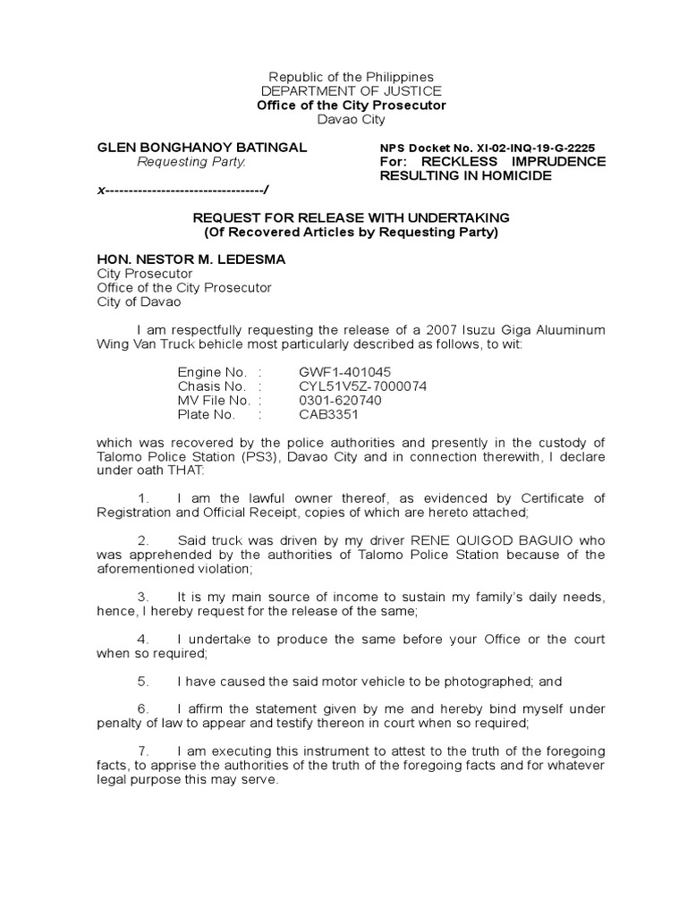 Request For Release With Undertaking - Napros (Batingal) | PDF ...