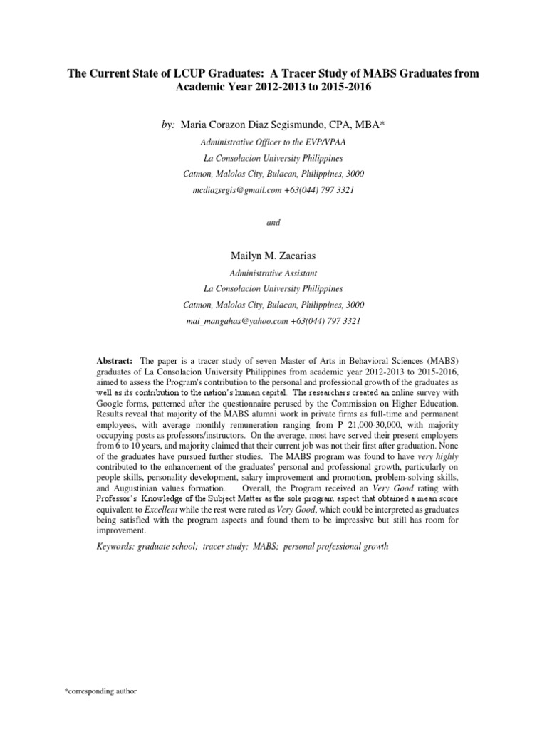 The Current State of LCUP Graduates: A Tracer Study of MABS Graduates ...