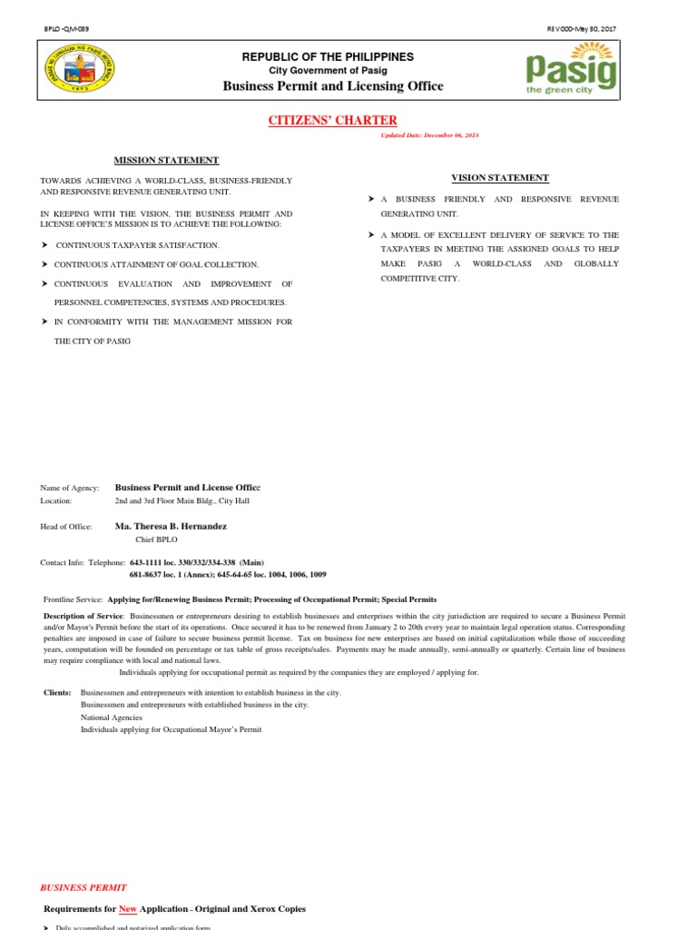 Pasig BPLO Charter. Udate 12-6-2018 | PDF | License | Taxes