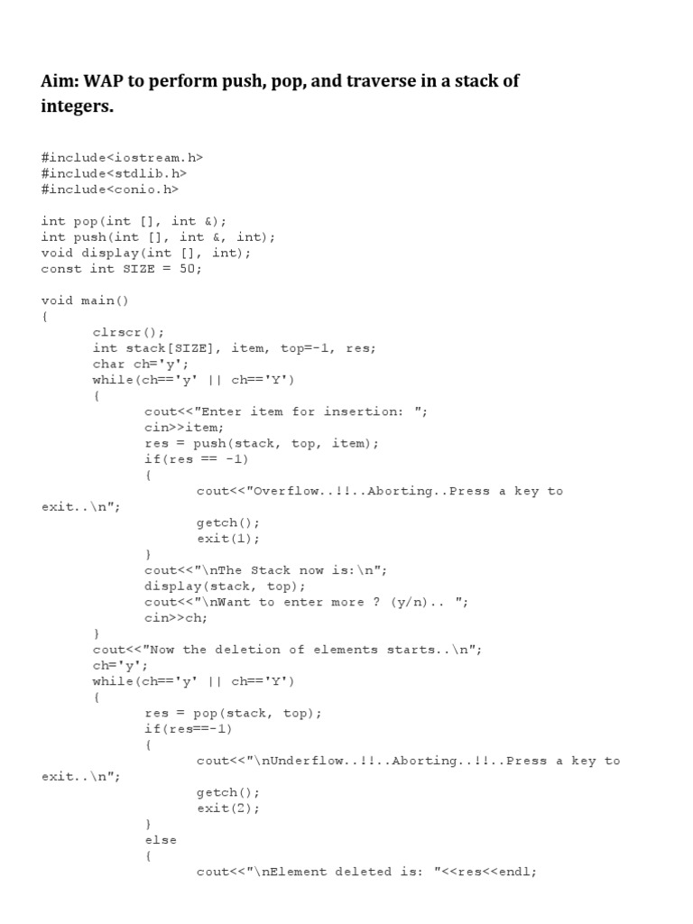 Aim: WAP To Perform Push, Pop, and Traverse in A Stack of Integers | PDF
