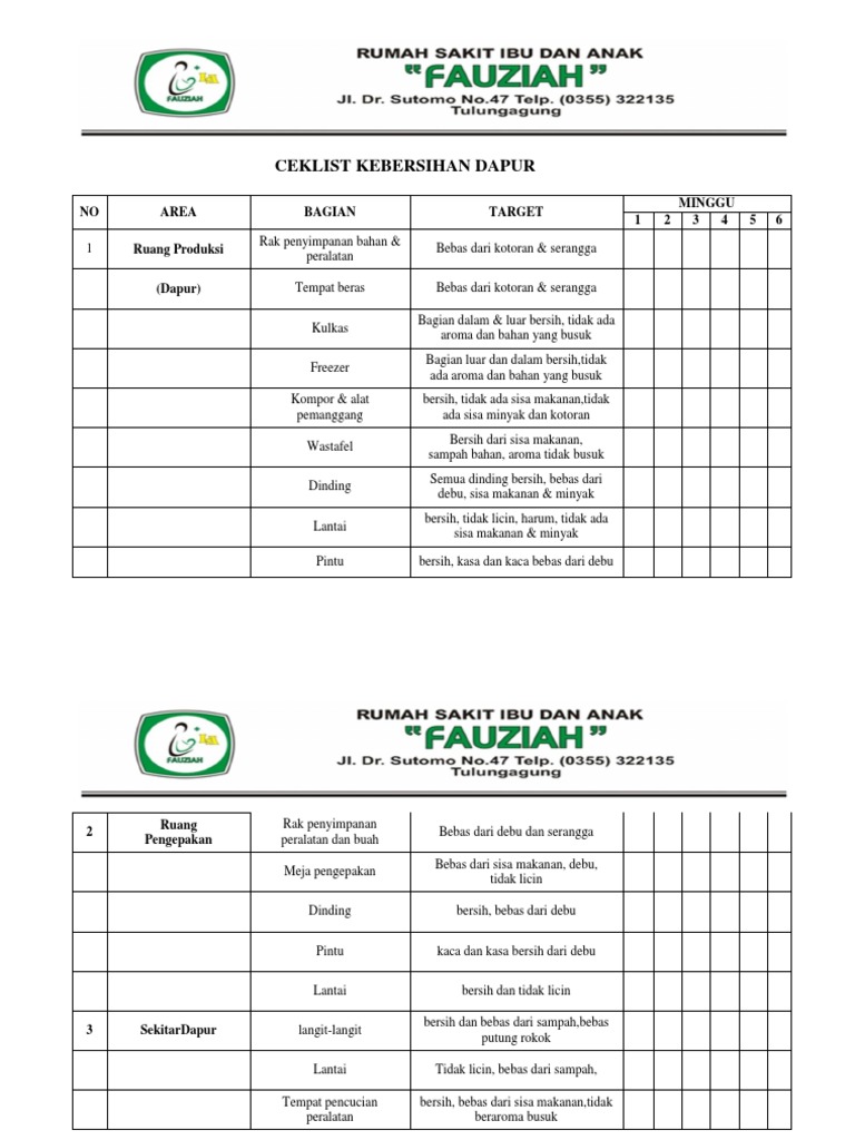 Ceklist Kebersihan Dapur | PDF
