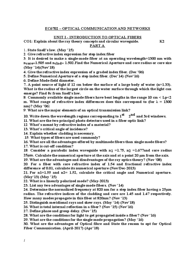 Ocn QB Unit 1 & 2 | PDF | Optical Fiber | Dispersion (Optics)