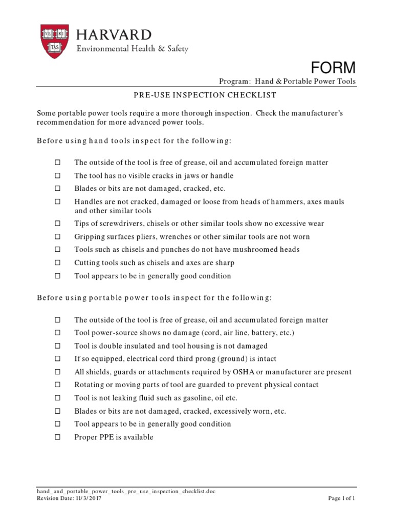 Hand and Power Tools Pre-Use Checklist | PDF