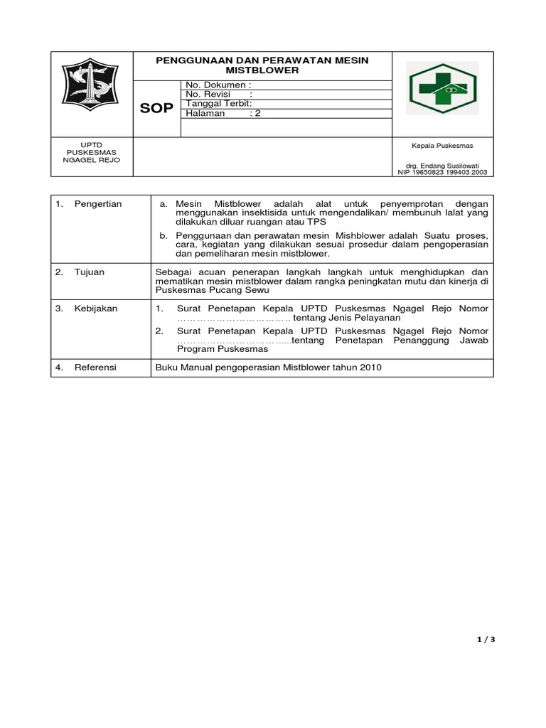 Sop Penggunaan Dan Perawatan Mesin Mist Blower | PDF