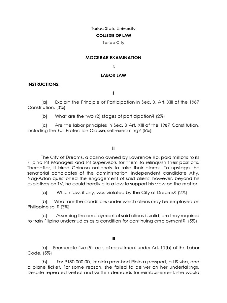 Labor Law Exam | PDF | Employment | Government