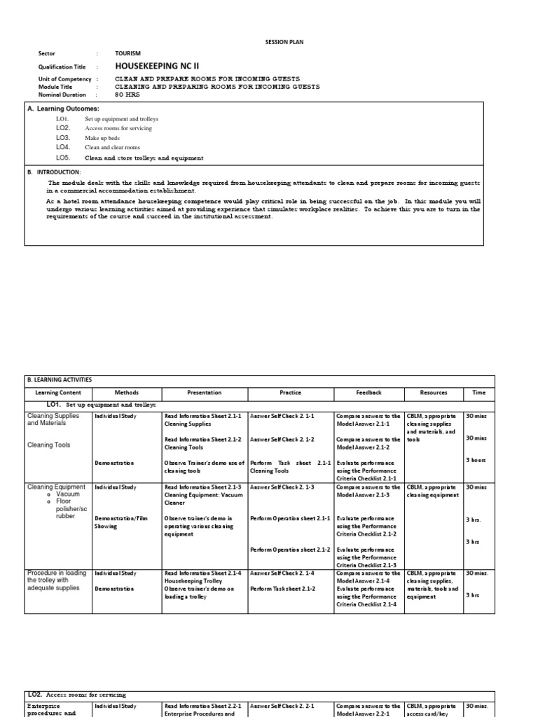 3 Session Plan Housekeeping Uc2 | Download Free PDF | Bedding | Housekeeping