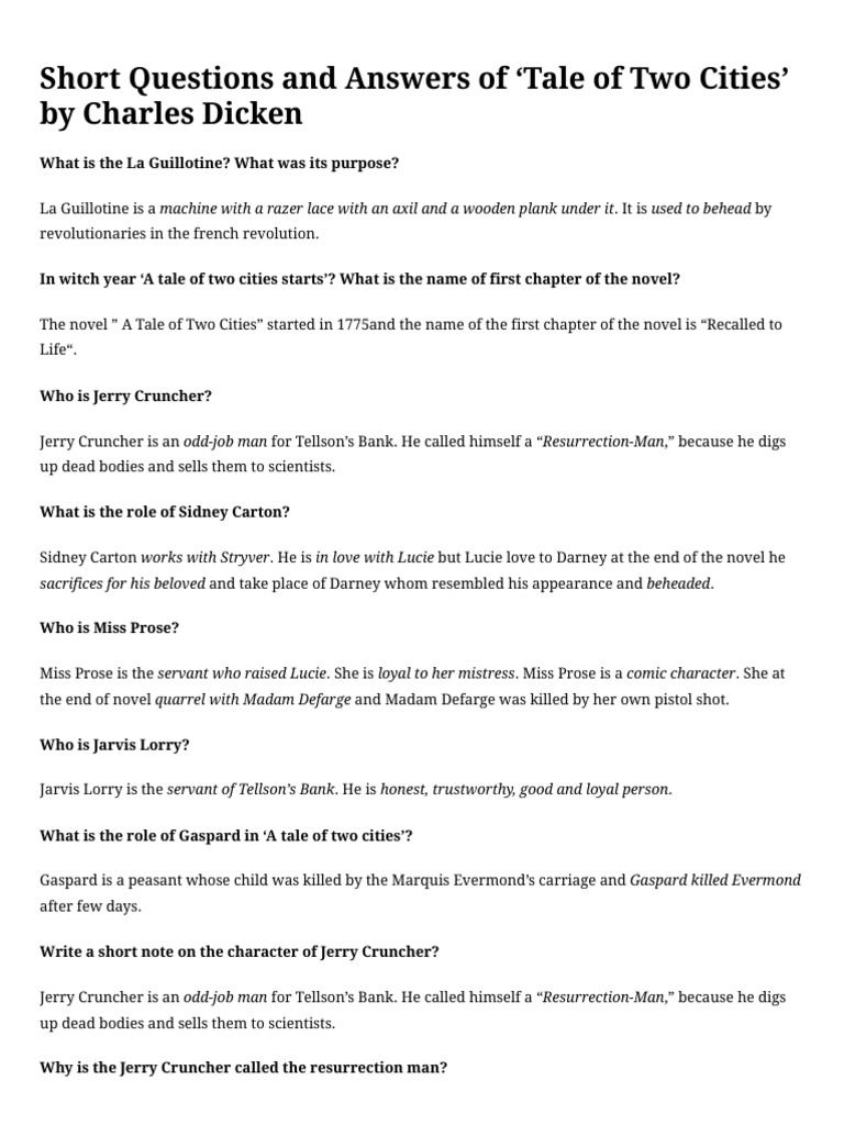 Short Answers and Questions From A Tale of Two Cities | PDF | A Tale Of ...