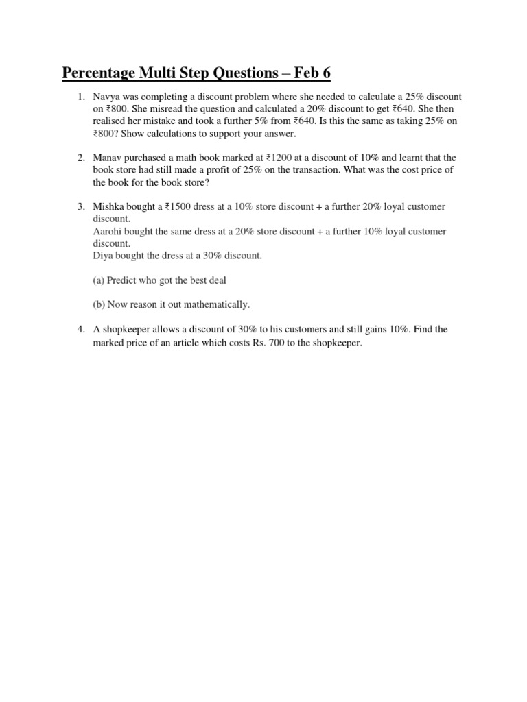 Percentage Multi Step Questions - Feb 6 | PDF