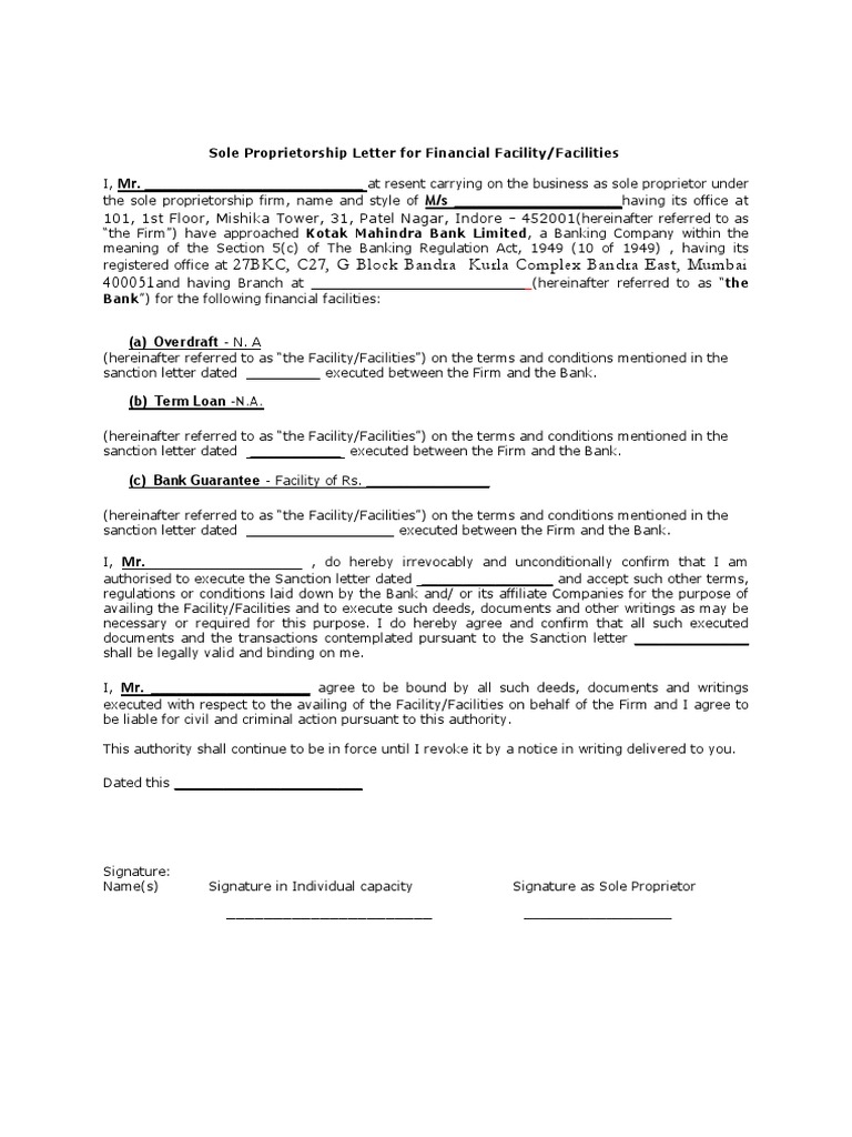 Sole Proprietorship Letter - BG | PDF | Sole Proprietorship | Banks