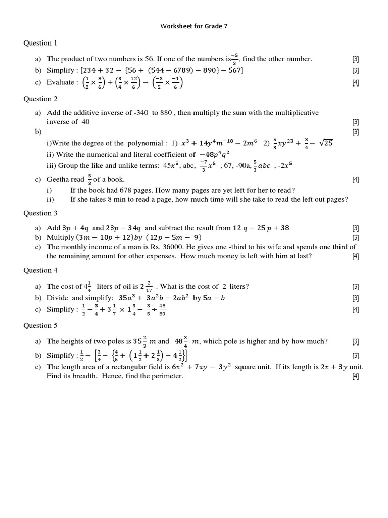 Grade - 7 Math | PDF | Polynomial | Mathematics Of Computing