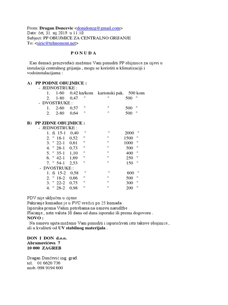 Cjenik Obujmica Za Centralno Grijanje | PDF