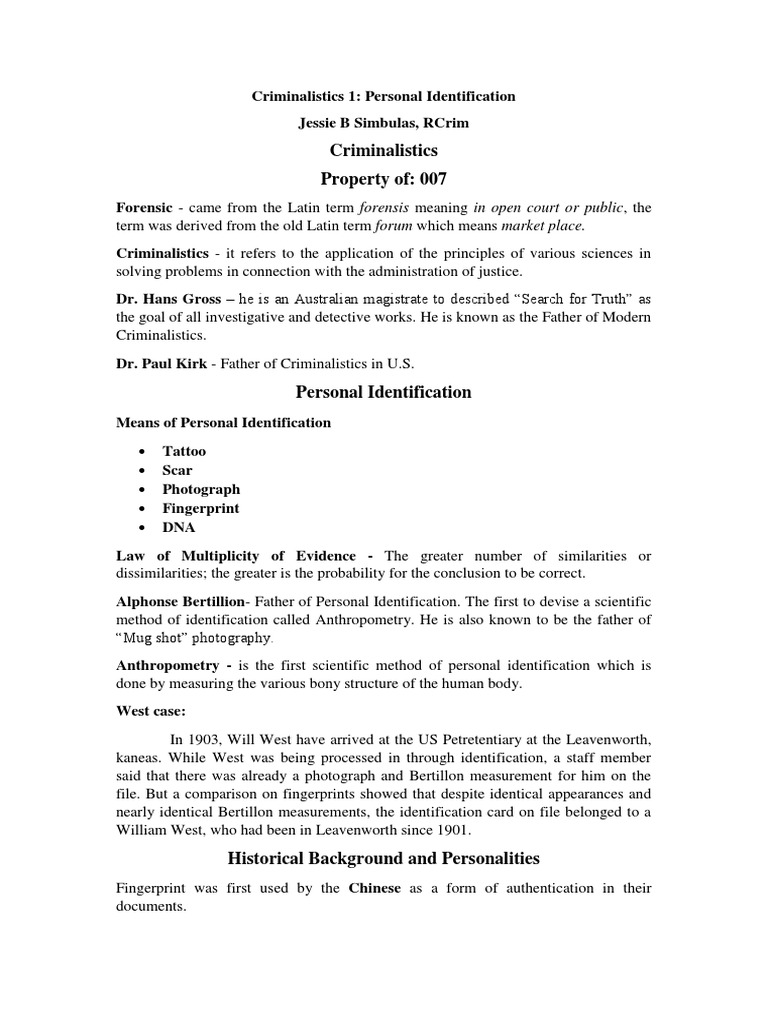 Criminalistics 1 Personal Identification | PDF | Fingerprint | Forensic ...