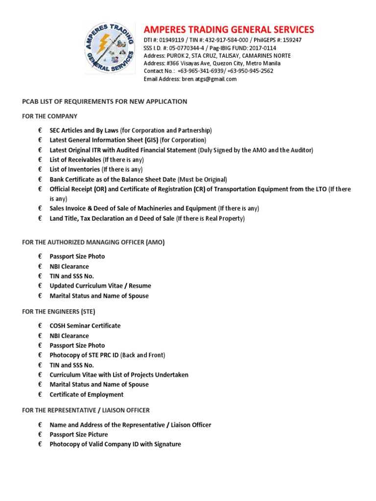 Amperes Trading General Services: Pcab List of Requirements For New ...