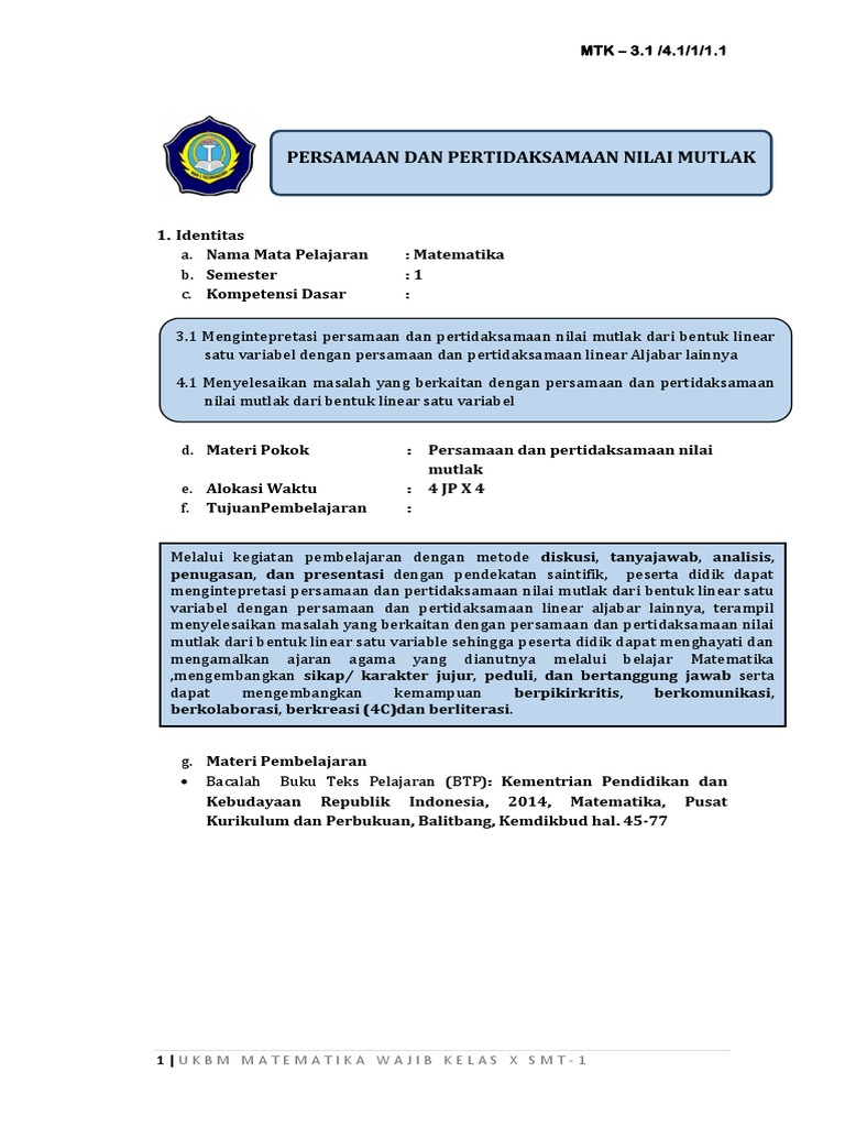 Ukbm - MTK - Nilai Mutlak | PDF