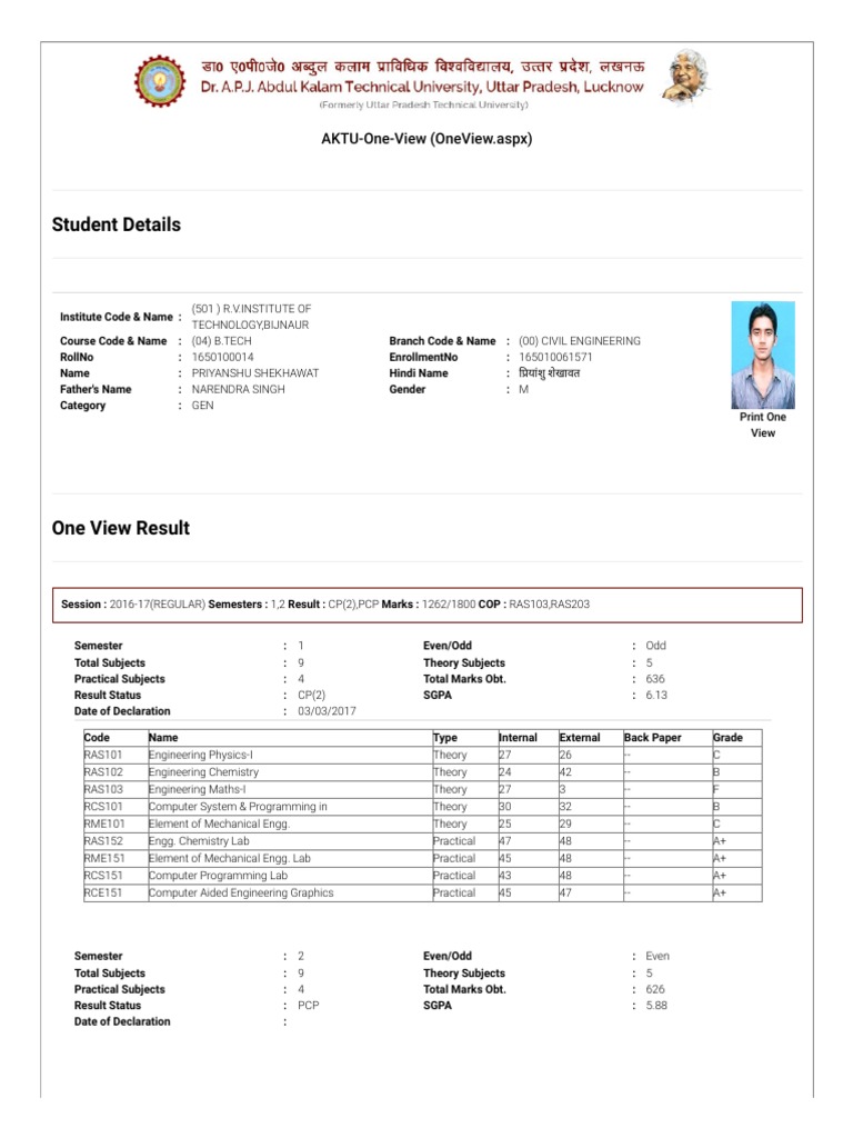 Student Details: Aktu-One-View (Oneview - Aspx) | PDF | Engineering ...