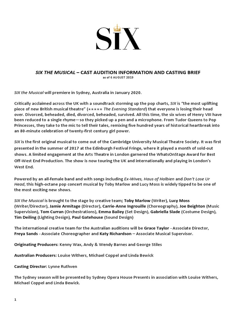 Six The Musical Cast Audition Information and Casting Brief 20190806 ...