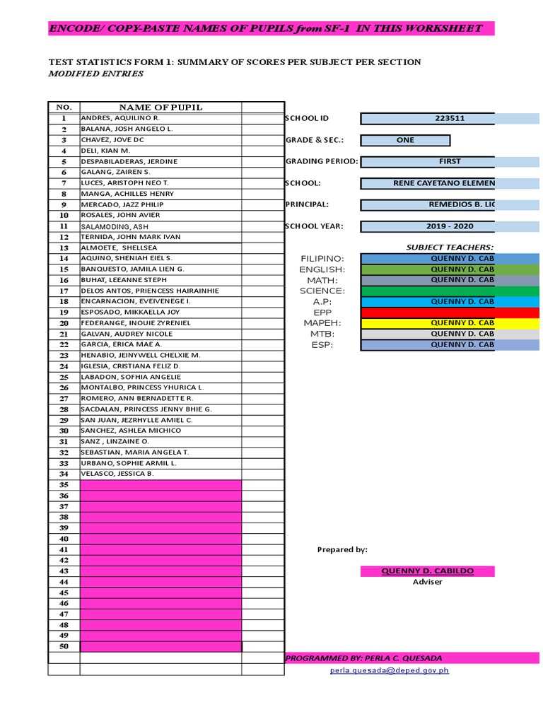 Encode/ Copy-Paste Names of Pupils From Sf-1 in This Worksheet | PDF ...