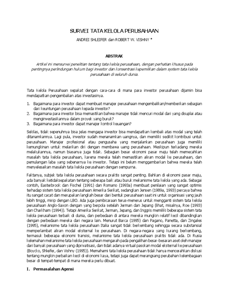 SURVEI TATA KELOLA PERUSAHAAN - ANDREI SHLEIFER Dan ROBERT W. VISHNY ...