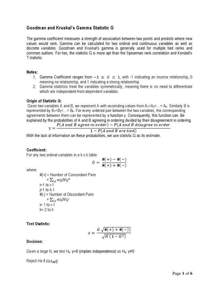 Goodman and Kruskal's Gamma Statistic G: Notes | PDF | Correlation And ...
