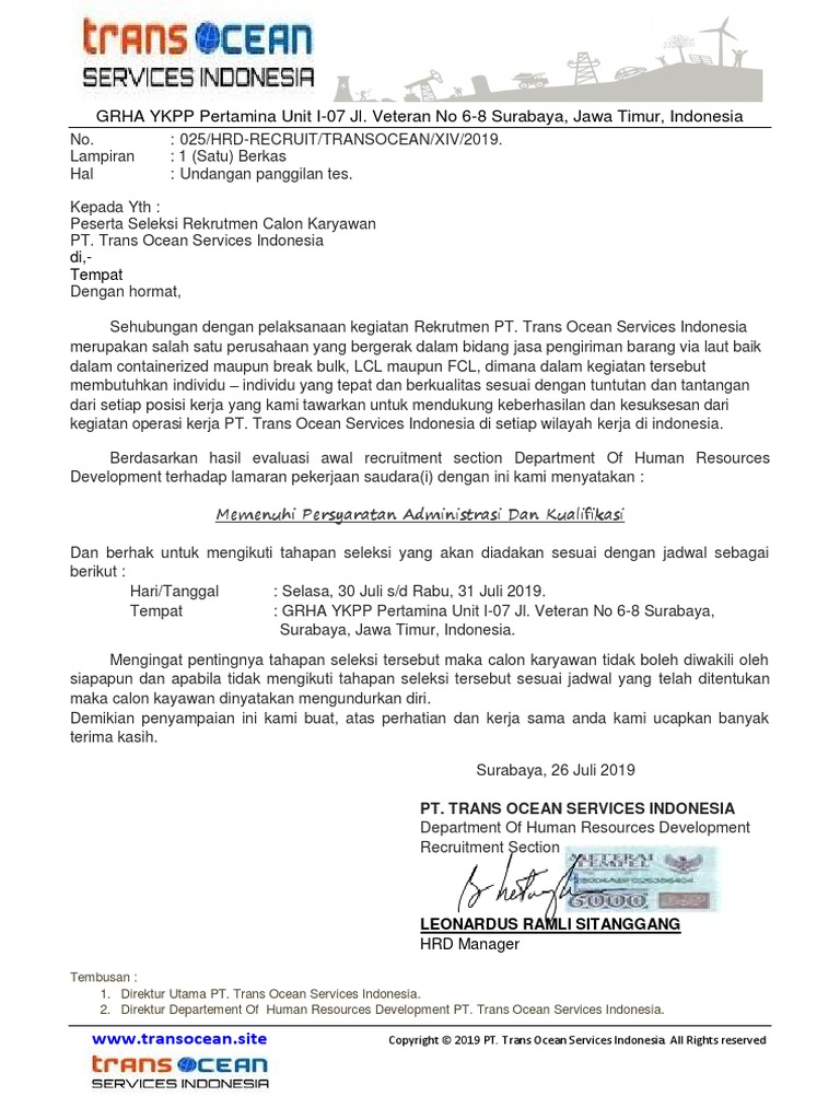 Undangan Seleksi Calon Karyawan PT Transocean Services Indonesia | PDF