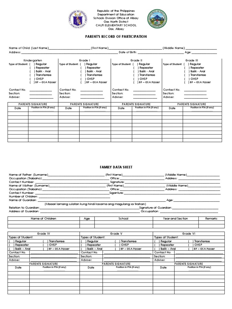 Family Data Sheet | PDF | Behavior Modification | Learning