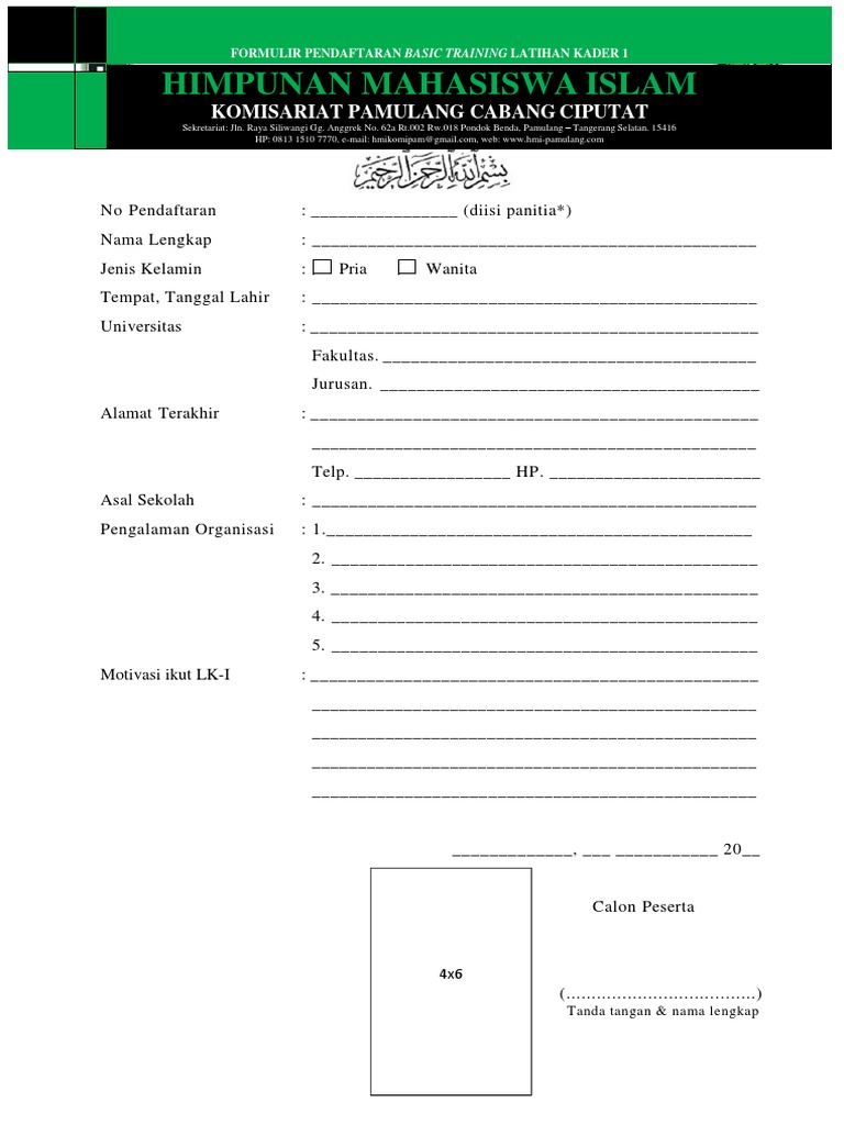 (PDF) Formulir Pendaftaran Basic Training Latihan Kader 1 | PDF
