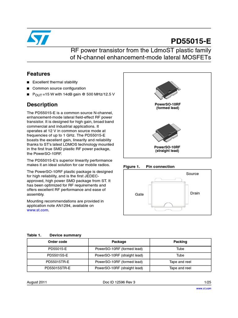 RF Power Transistor From The Ldmost Plastic Family of N-Channel Enhancement-Mode Lateral Mosfets ...