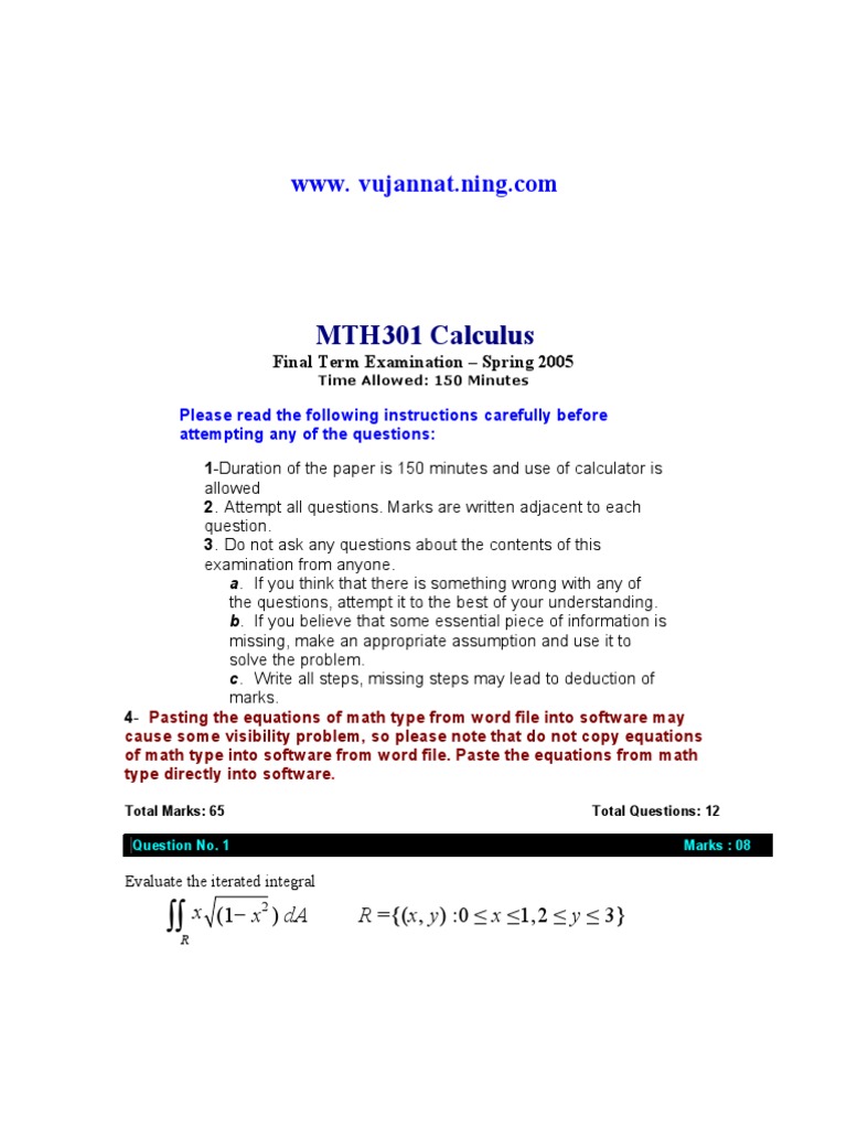 Mth301 Collection of Old Papers | PDF | Euclidean Vector | Area