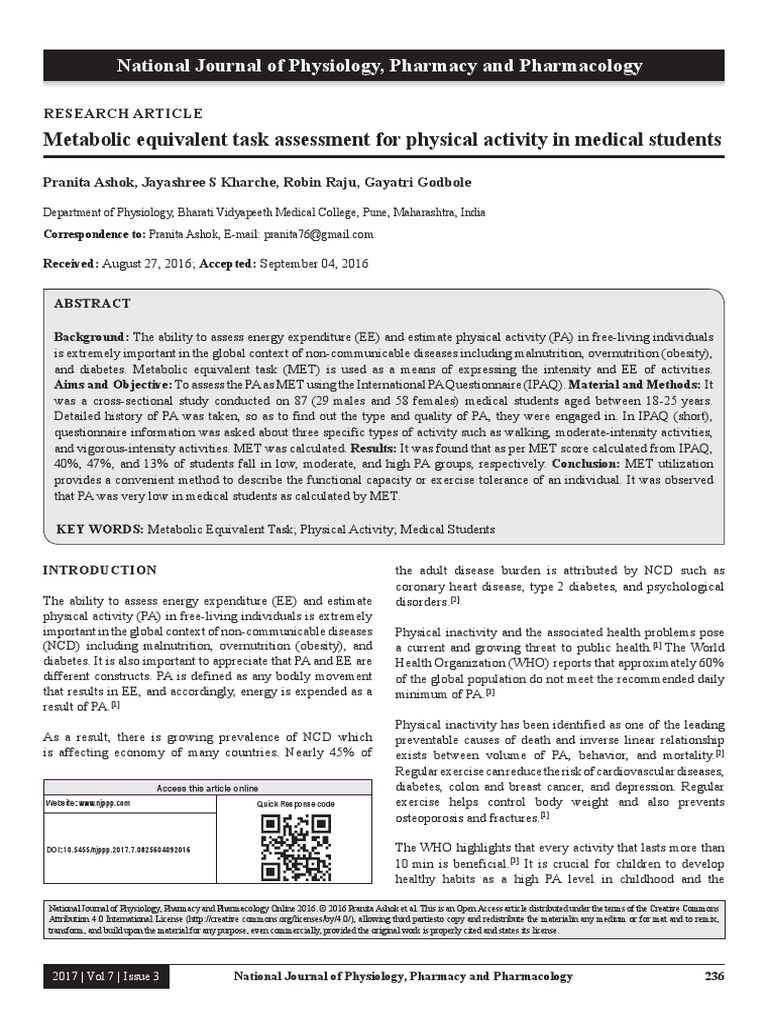 Metabolic Equivalent Task Assessment For Physical Activity in Medical ...