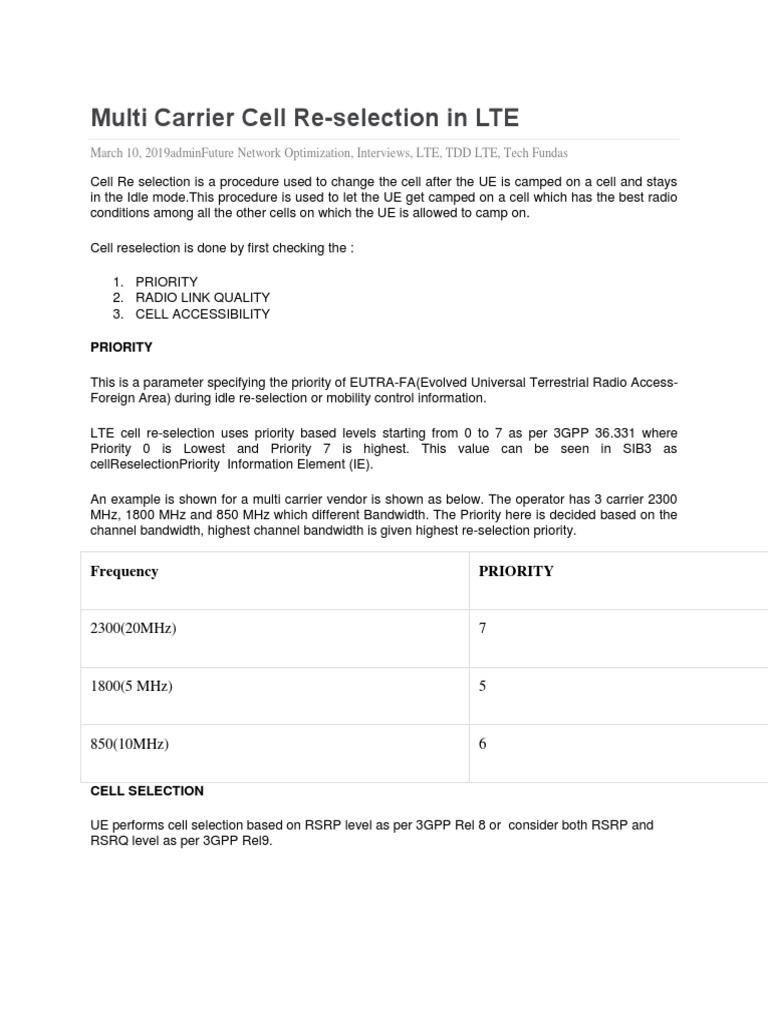 Multi Carrier Cell Re-Selection in LTE | PDF | Lte (Telecommunication ...