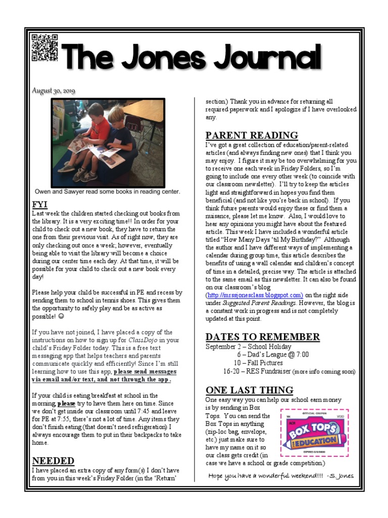The Jones Journal: Parent Reading | PDF