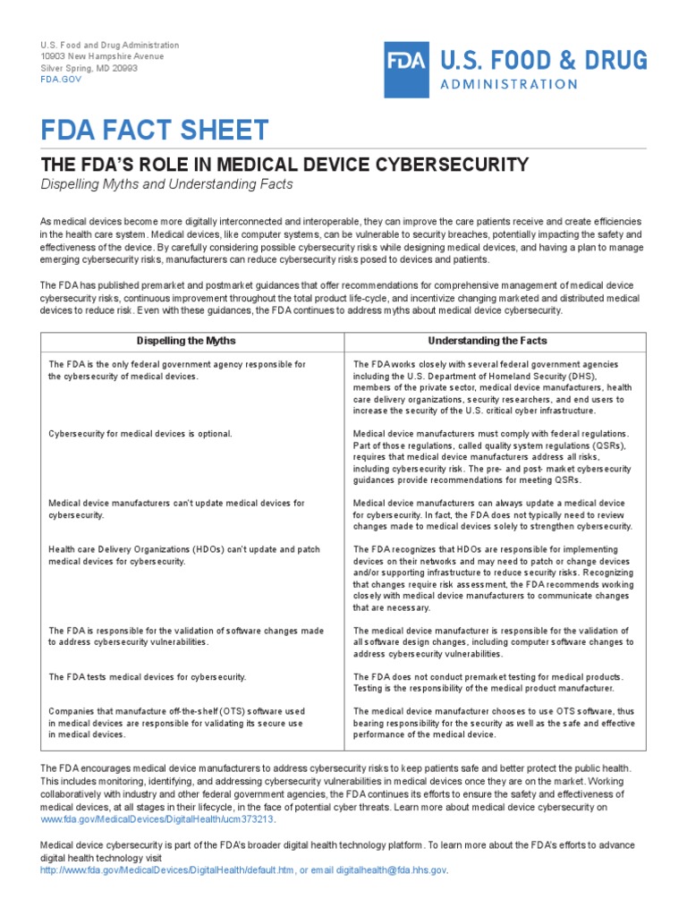 FDA Fact Sheet: The FDA's Role in Medical Device Cybersecurity | PDF ...