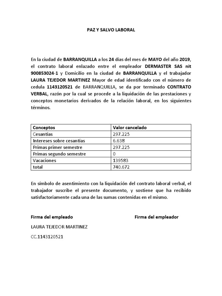 Paz y Salvo Laboral | PDF